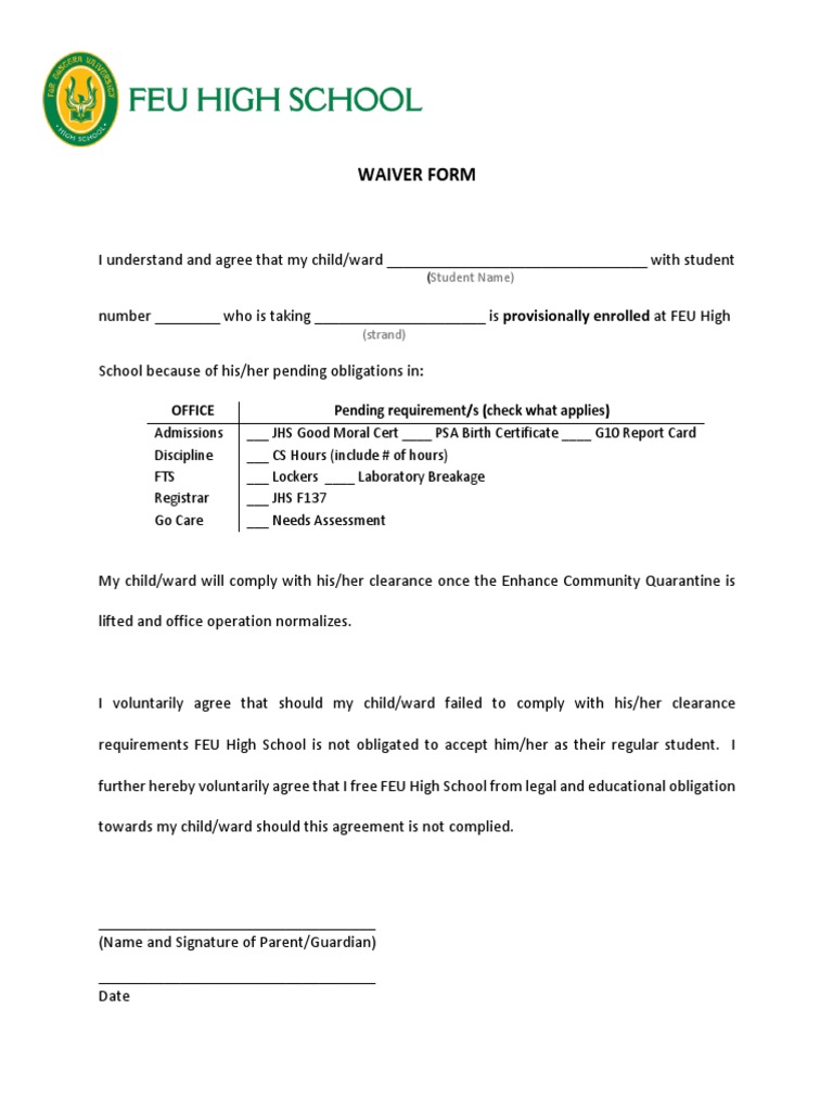 Waiver Form For Grade 12 1 | PDF
