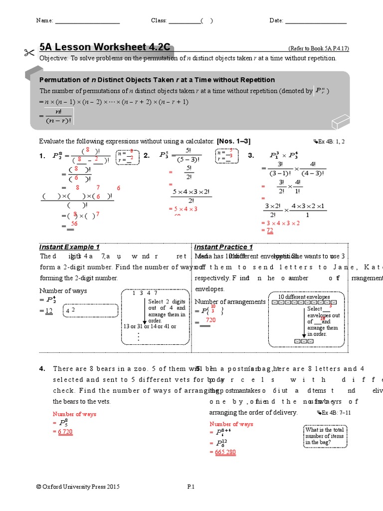 5 A Lesson Worksheet 4.2C: Permutation of N Distinct Objects Taken R at ...