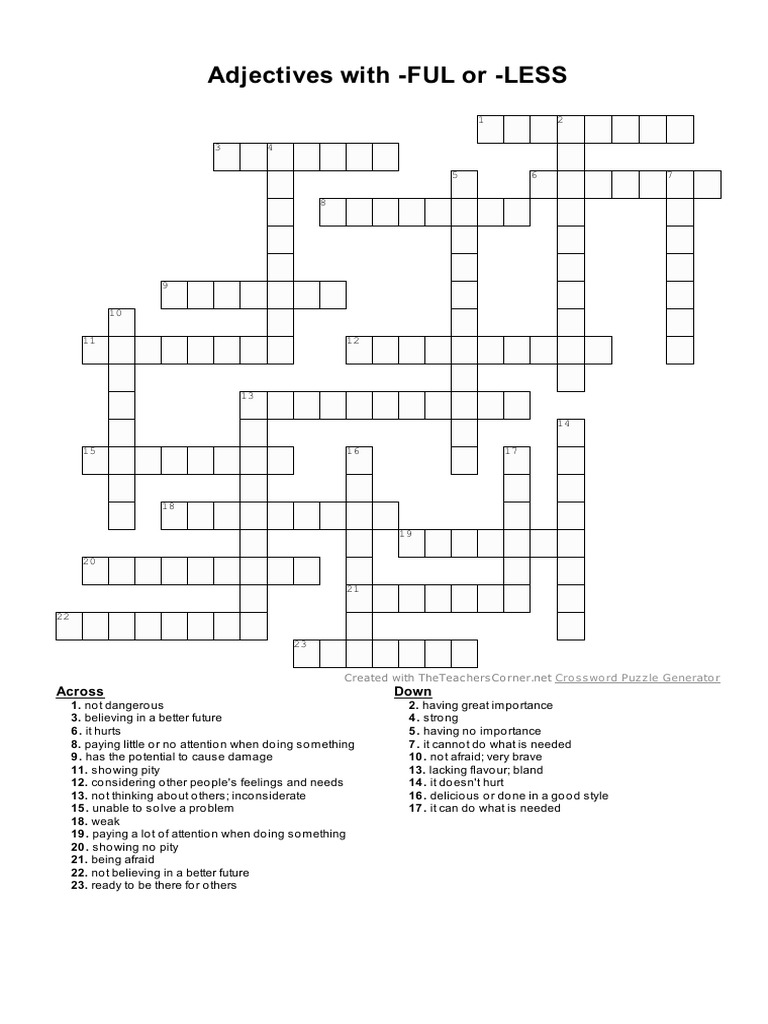 Adjectives With FUL or LESS - Set 1 Crossword | PDF