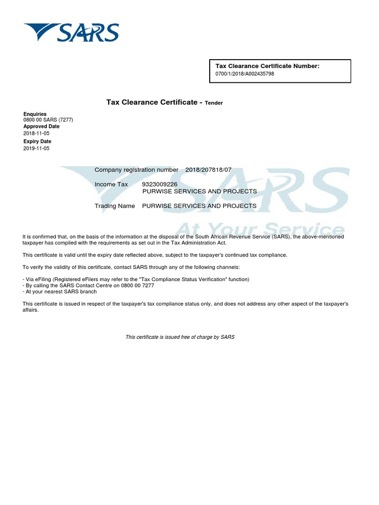 Tax Clearance Certificate for Purwise | PDF | Finance & Money Management