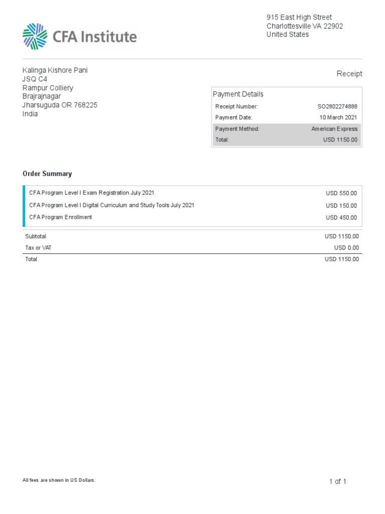 CFA Exam Registration Receipt | PDF