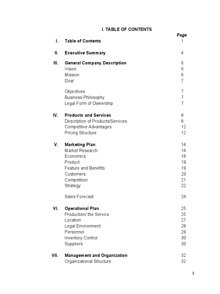 I. Table of Contents I. II. Executive Summary Iii. General Company ...