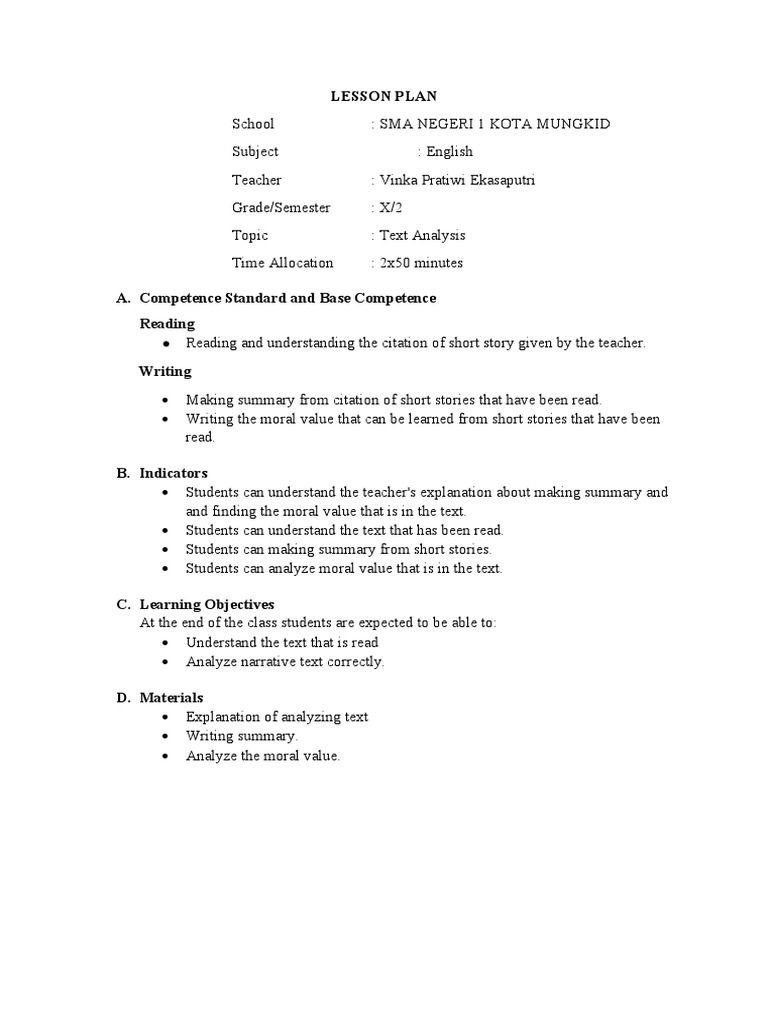 Lesson Plan Short Story | PDF