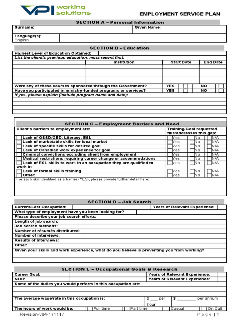 SC Employment Service Plan Template | PDF | Résumé | Employment
