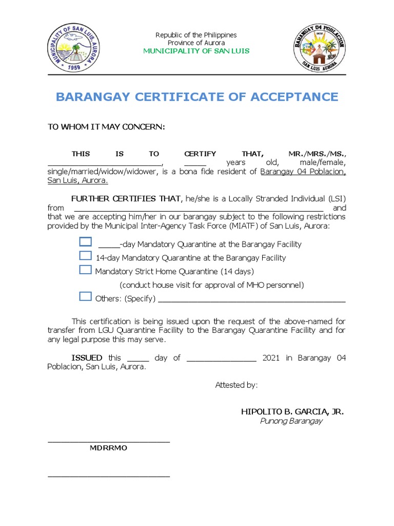 Barangay Certificate of Acceptance: To Whom It May Concern | PDF