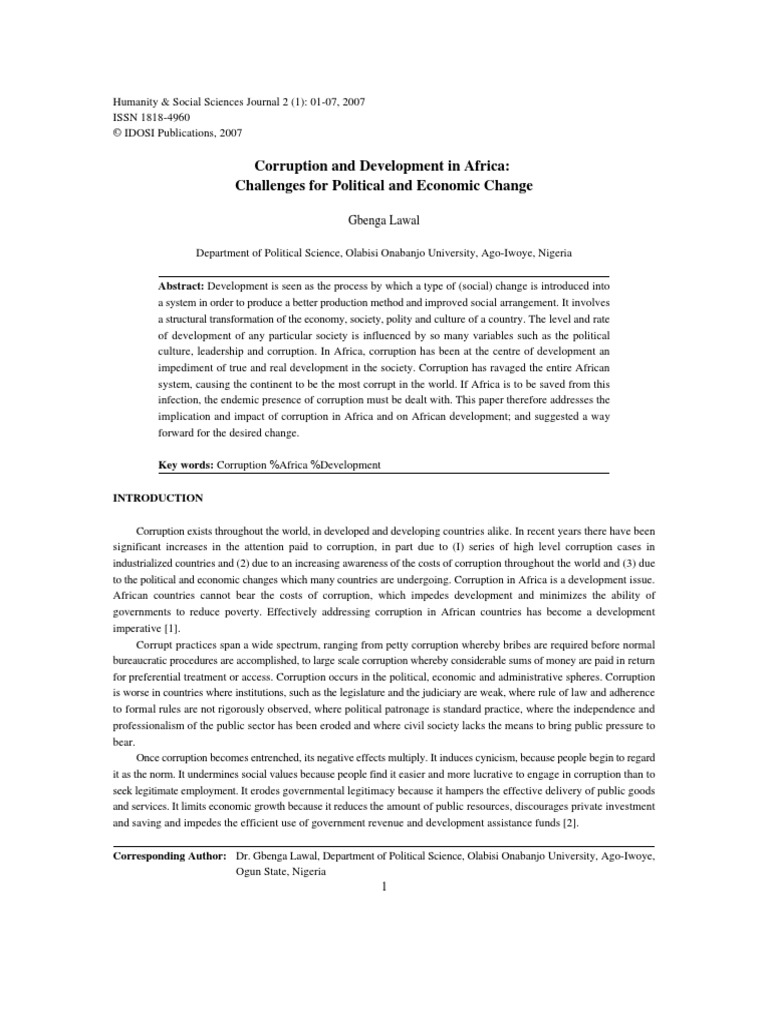 Corruption and Development in Africa: Challenges For Political and ...
