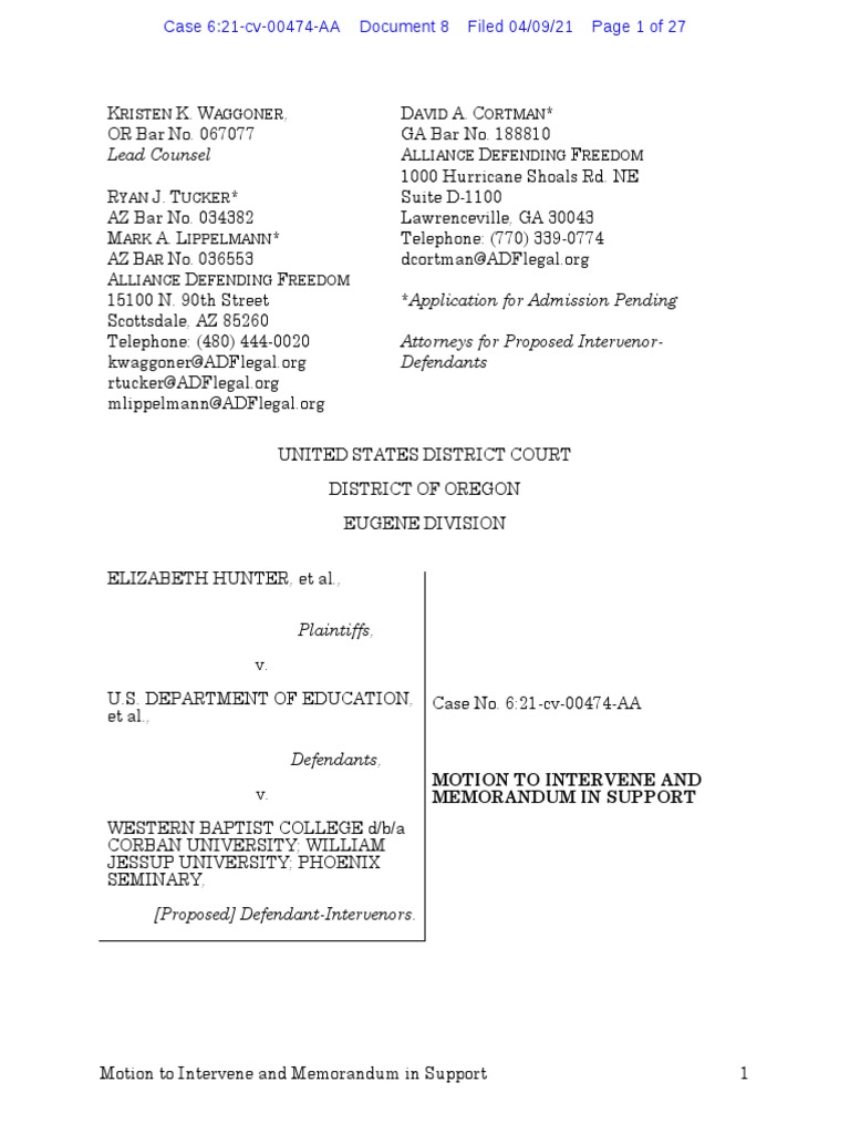 ADF Motion To Intervene and Memorandum in Support | PDF | Title Ix ...