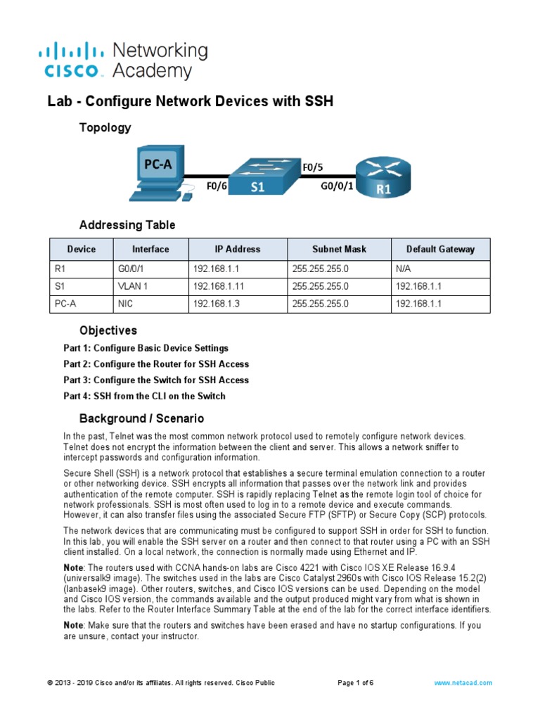 16.4.7 Lab - Configure Network Devices With SSH | PDF | Computer Network | Router (Computing)