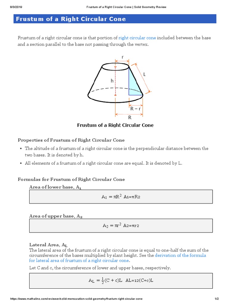 Frustum of A Right Circular Cone - Solid Geometry Review | PDF | Area ...