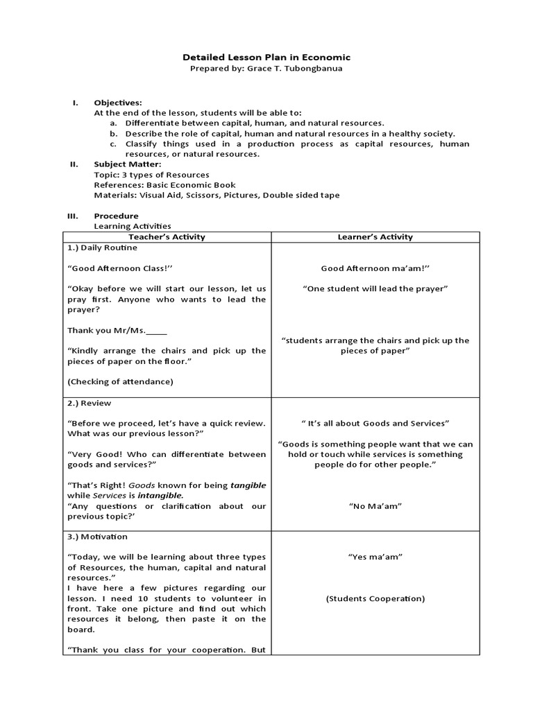 Lesson Plan on Economic Resources | PDF | Lesson Plan | Teaching