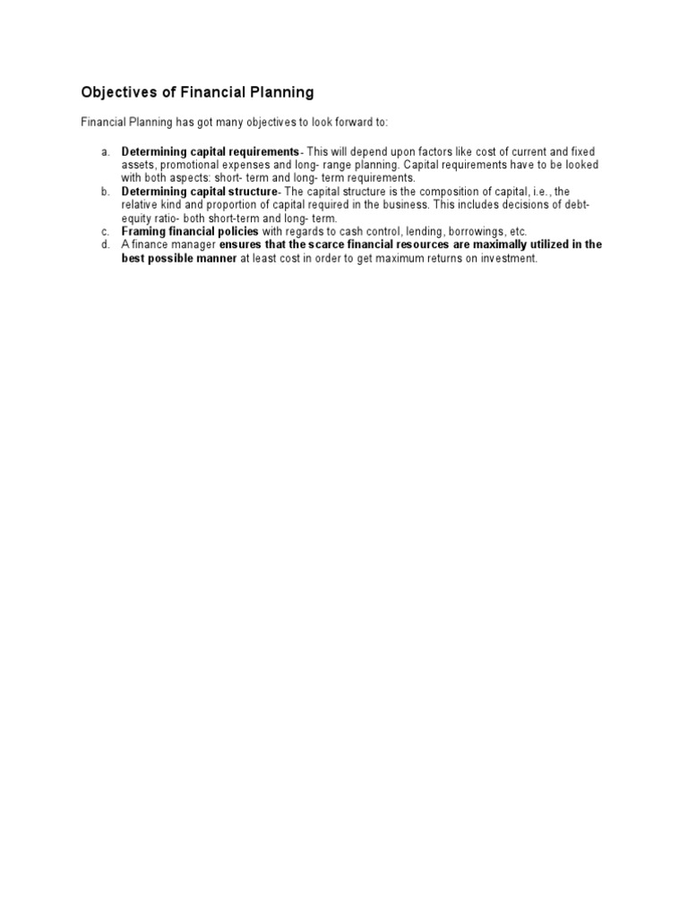 Objectives of Financial Planning | PDF