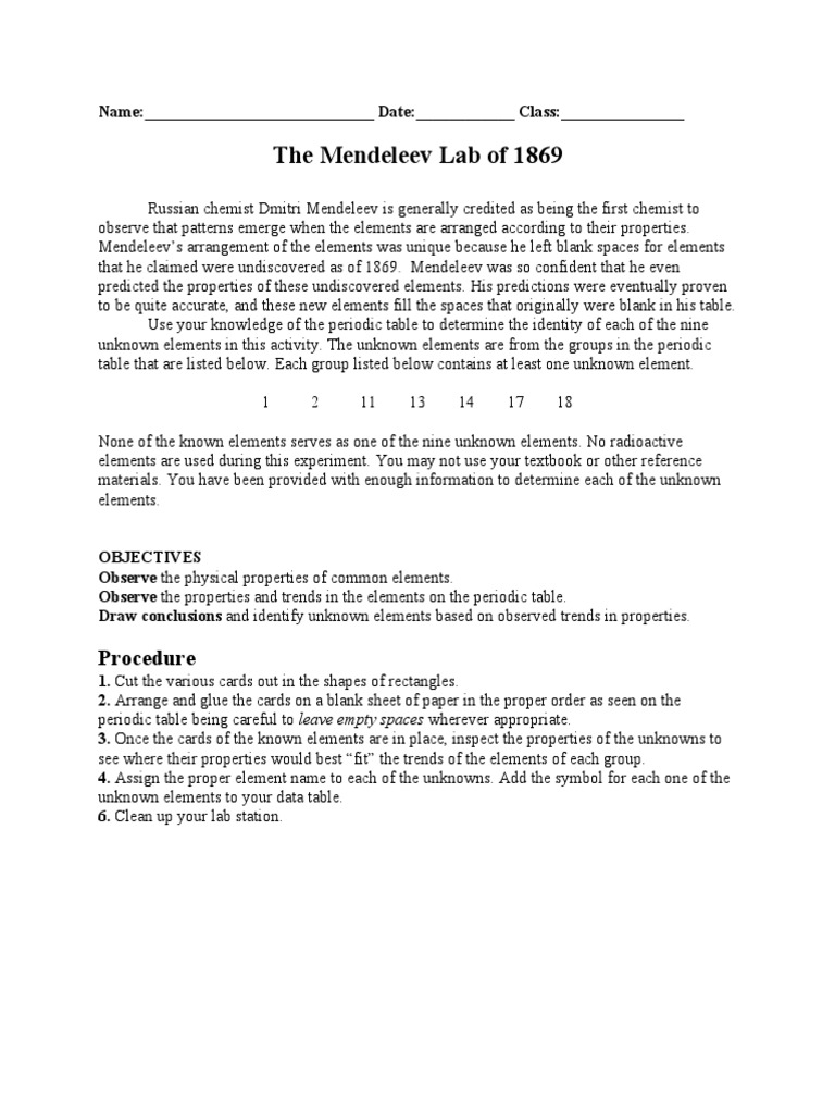 Mendeleev Lab: Identifying Unknown Elements | PDF | Chemical Elements ...