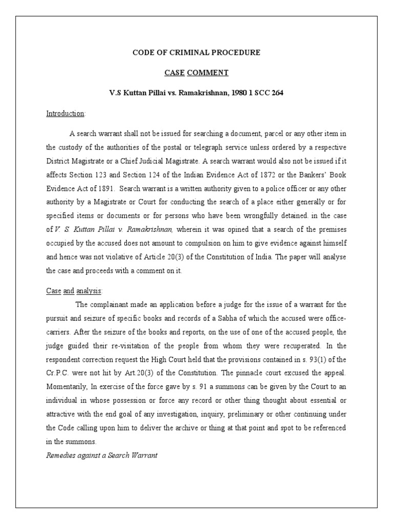 Case Comment - CRPC | PDF | Search And Seizure | Criminal Procedure In ...