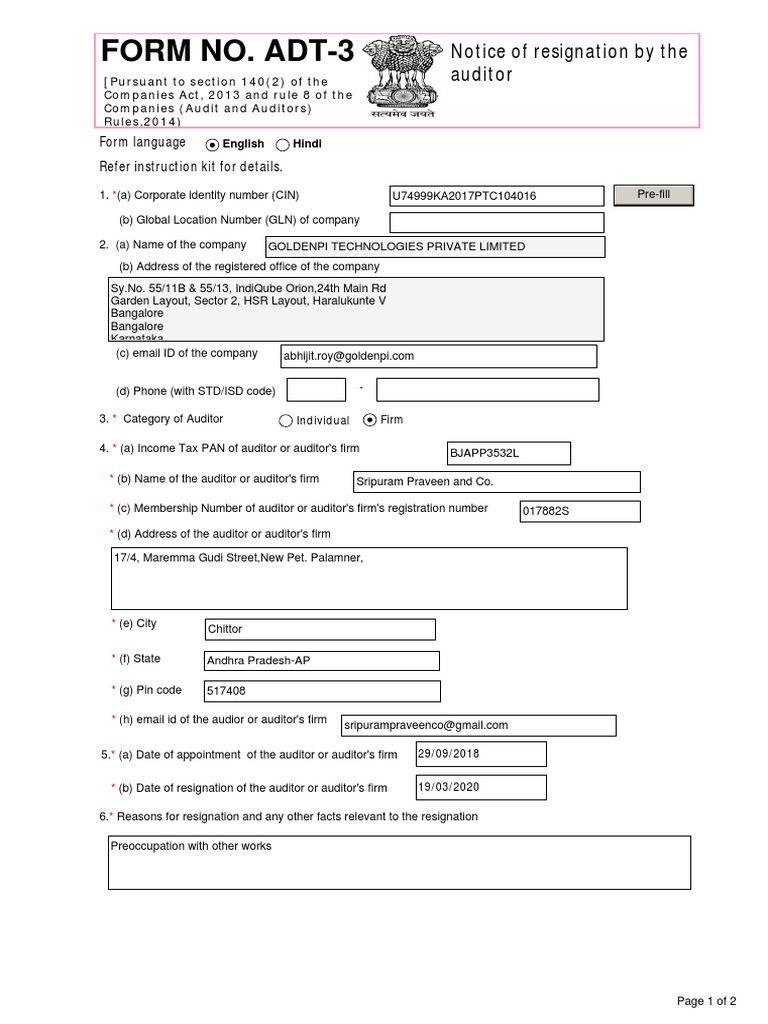Form No. Adt-3: Notice of Resignation by The Auditor | PDF | Government ...