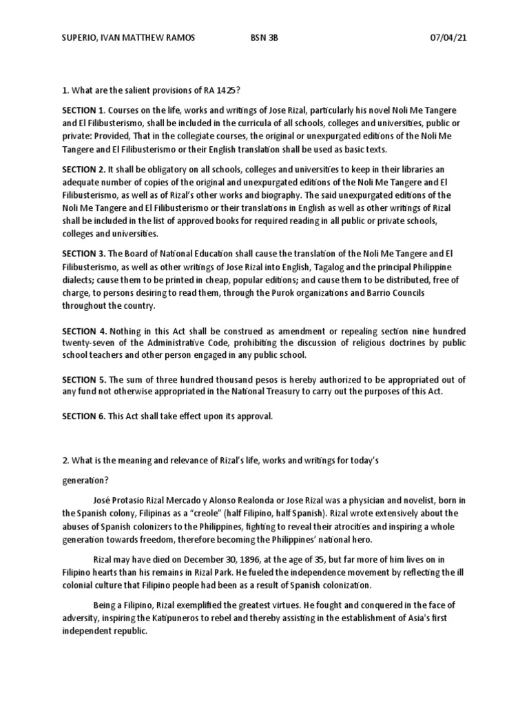 SUPERIO BSN 3B - Rizal Assignment | PDF | Philippines