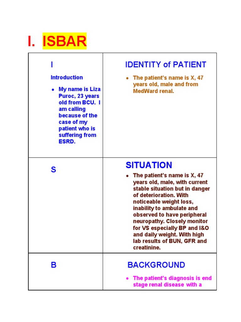 I. Isbar: I Identity of Patient | PDF