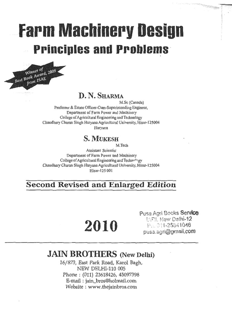 Farm Machinery Design Principles and Problems D N Sharma Complete PDF ...