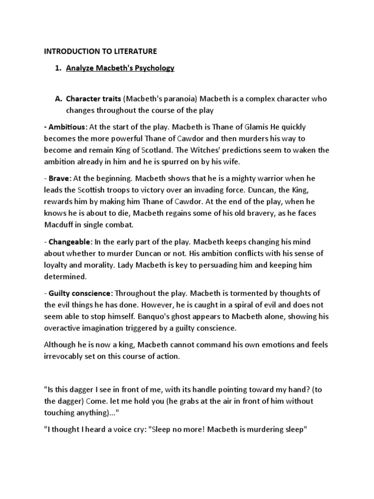 Introduction To Literature 1. Analyze Macbeth's Psychology | PDF | Macbeth