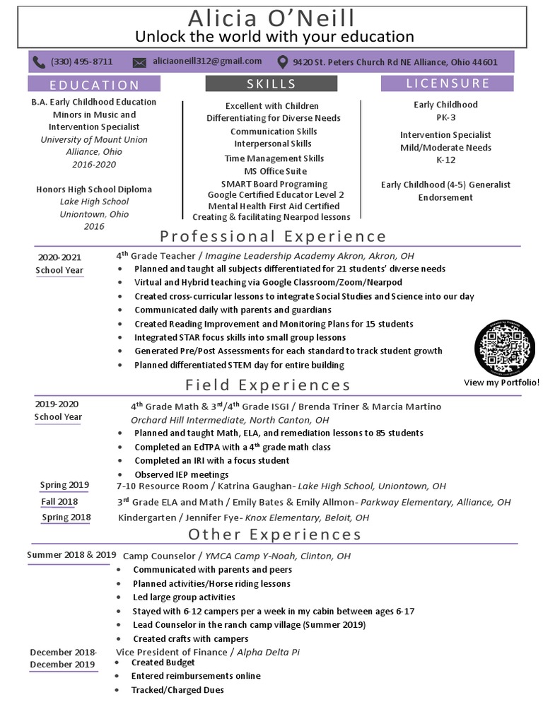 Alicia Oneill Resume P | PDF | Early Childhood Education | Teachers