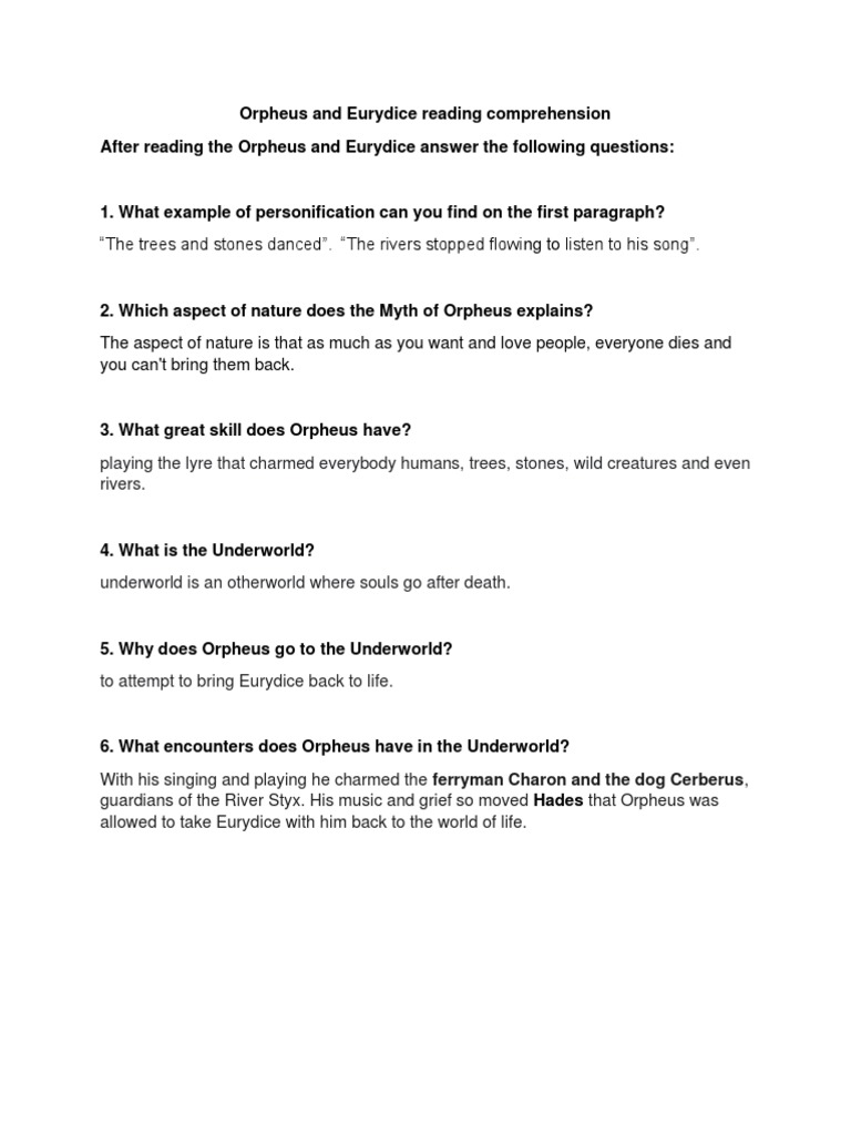 Myth of Orpheus and Eurydice reading comprehension questions | PDF