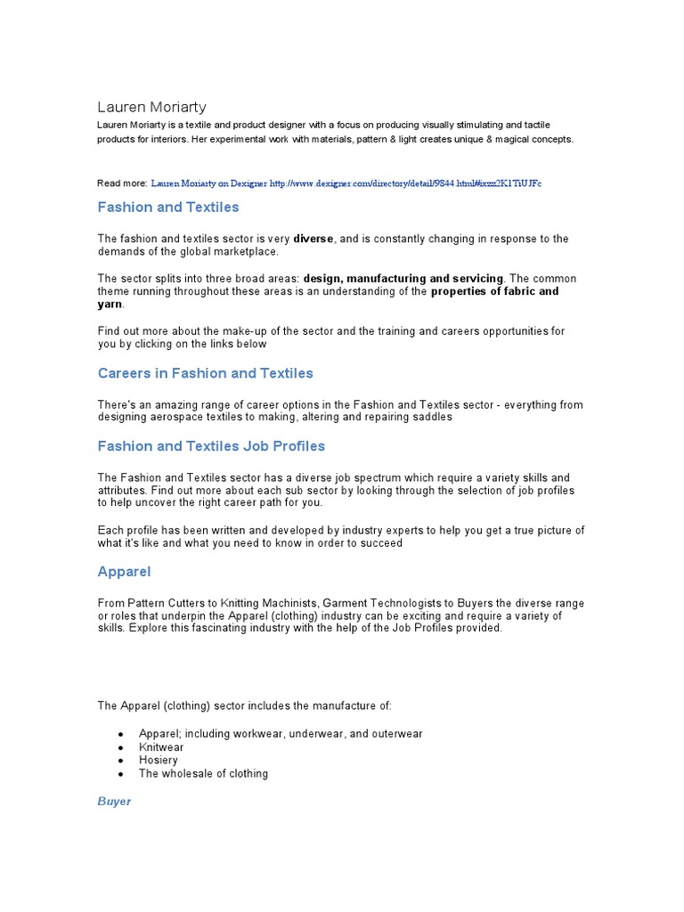 Lauren Moriarty: Fashion and Textiles | PDF | Fashion Design | Textiles