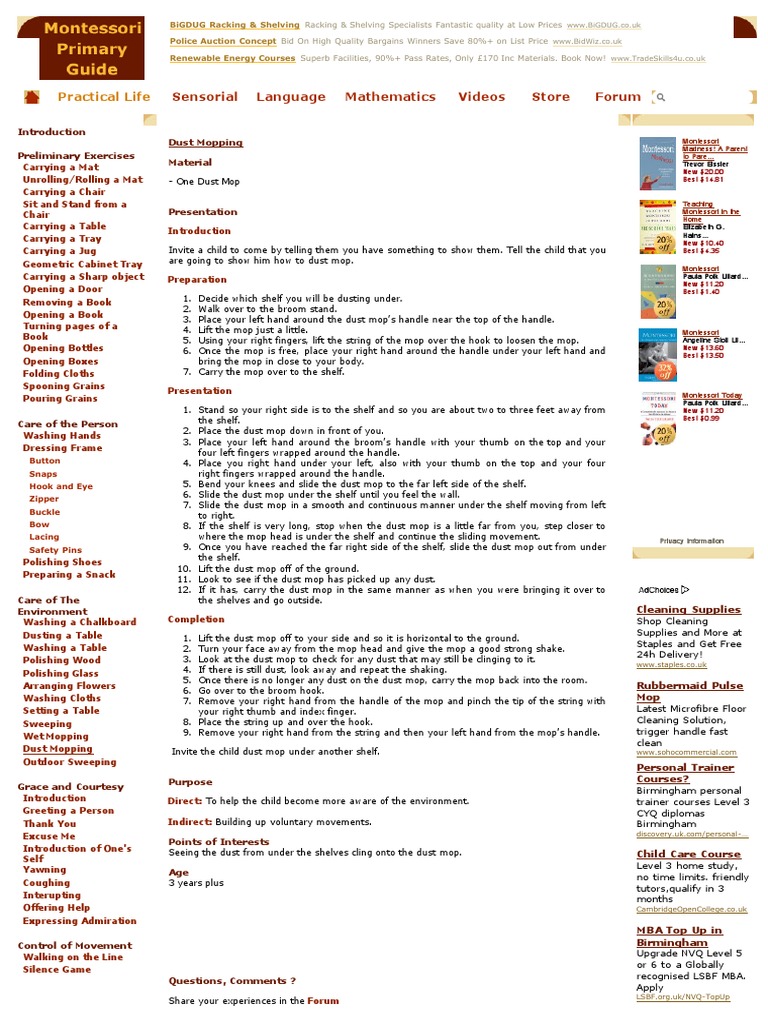 Montessori - Practical Life - Care of The Environment - Dust Mopping ...