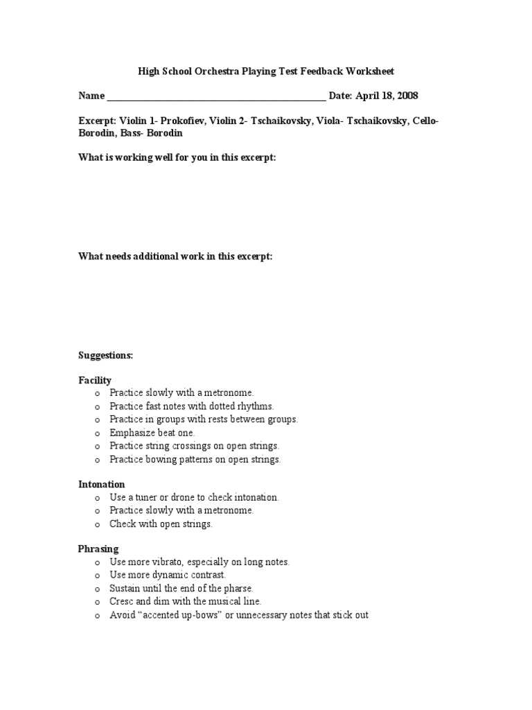 Playing Test Feedback and Holistic Rubric | PDF | Violin | String ...