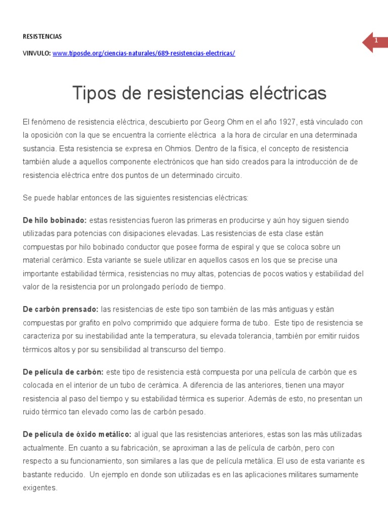 Tipos de Resistencias | PDF | Resistencia Eléctrica y Conductancia ...
