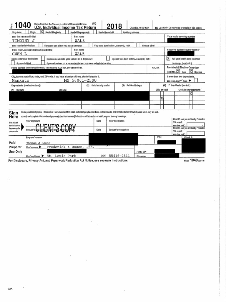 Gov. Walz 2018 Federal Tax Return - Redacted | PDF | Payments ...