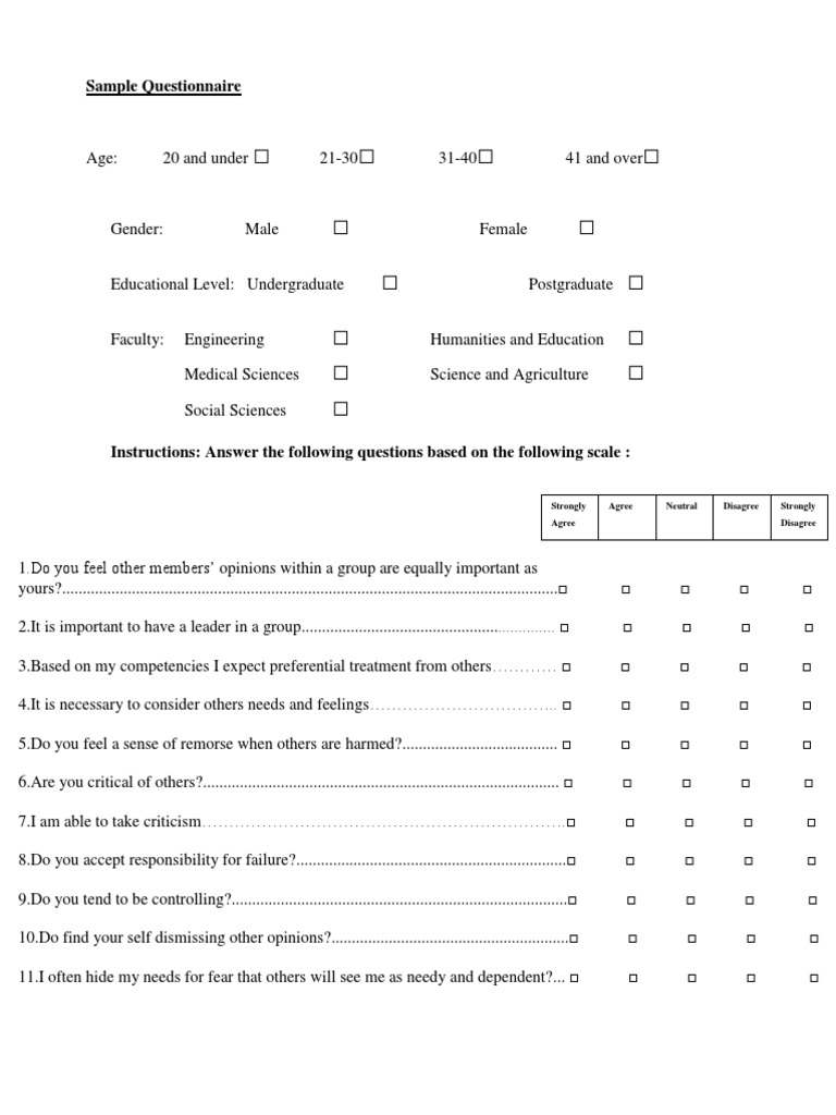 Sample Questionnaire: Strongly Agree Agree Neutral Disagree Strongly ...