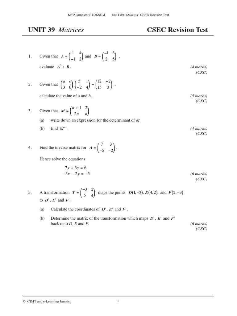 UNIT 39 Matrices CSEC Revision Test: A B A B | PDF | Matrix ...