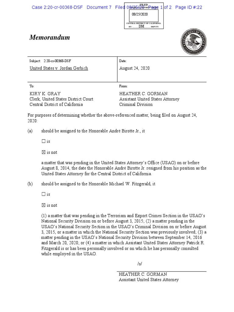Jordan Gerbich Memo 82520 | PDF | United States Attorney | United ...