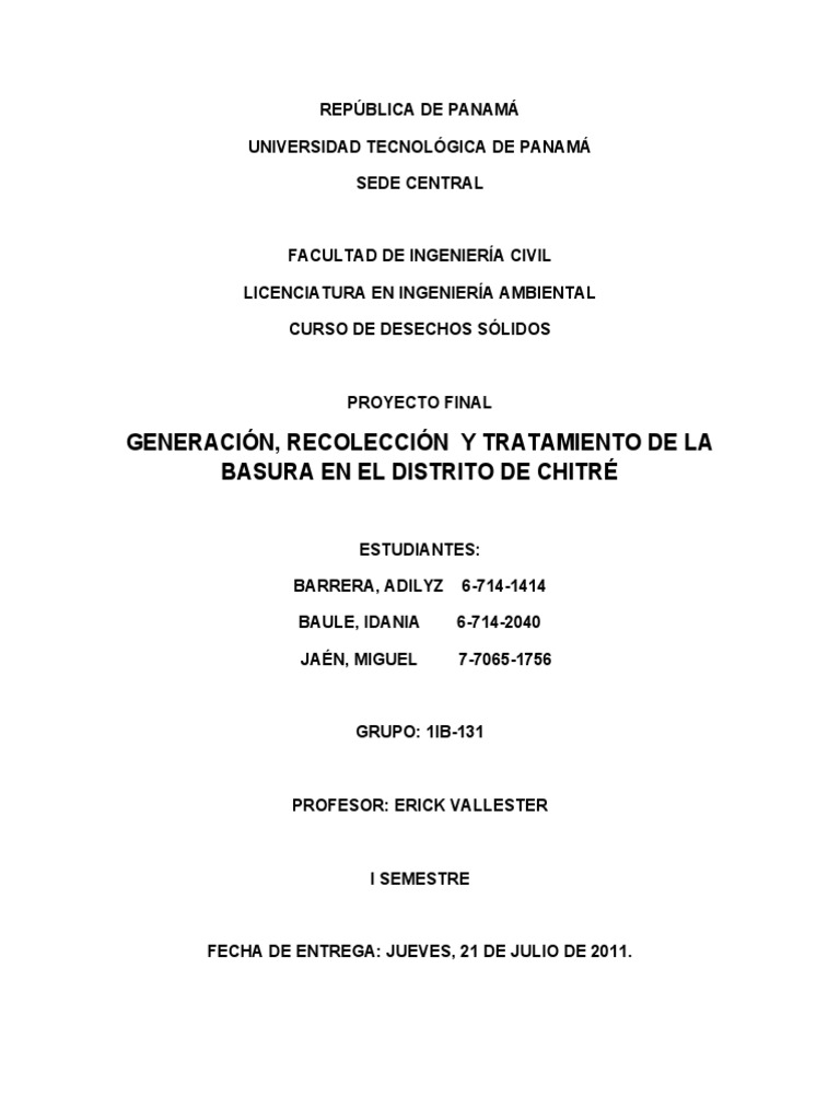 Proyecto Final de Desechos Solidos | PDF | Vertedero | Residuos