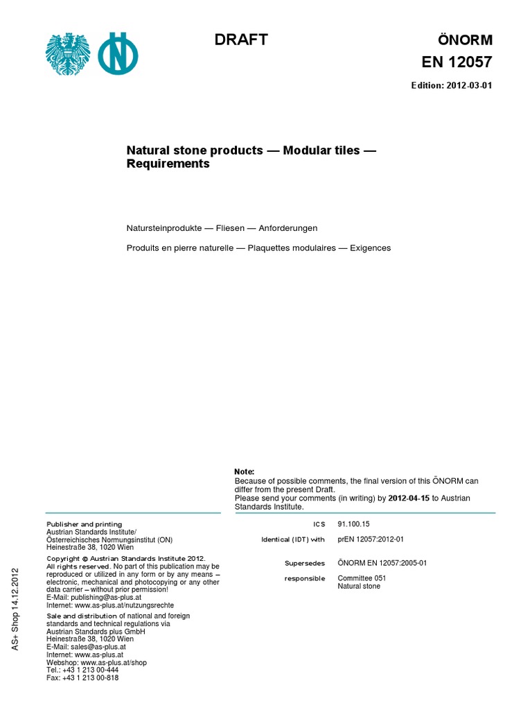 Draft EN 12057: Natural Stone Products - Modular Tiles - Requirements ...