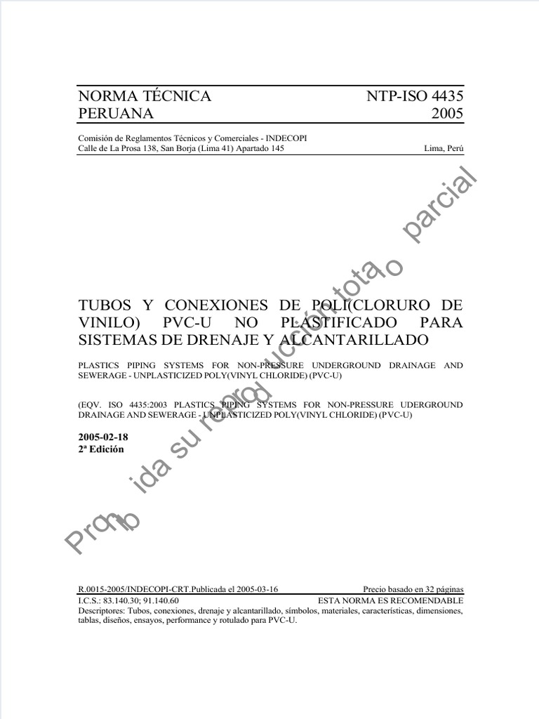 Norma NTP-ISO 4435: PVC-U para Drenaje | PDF | El plastico | Sustancias ...