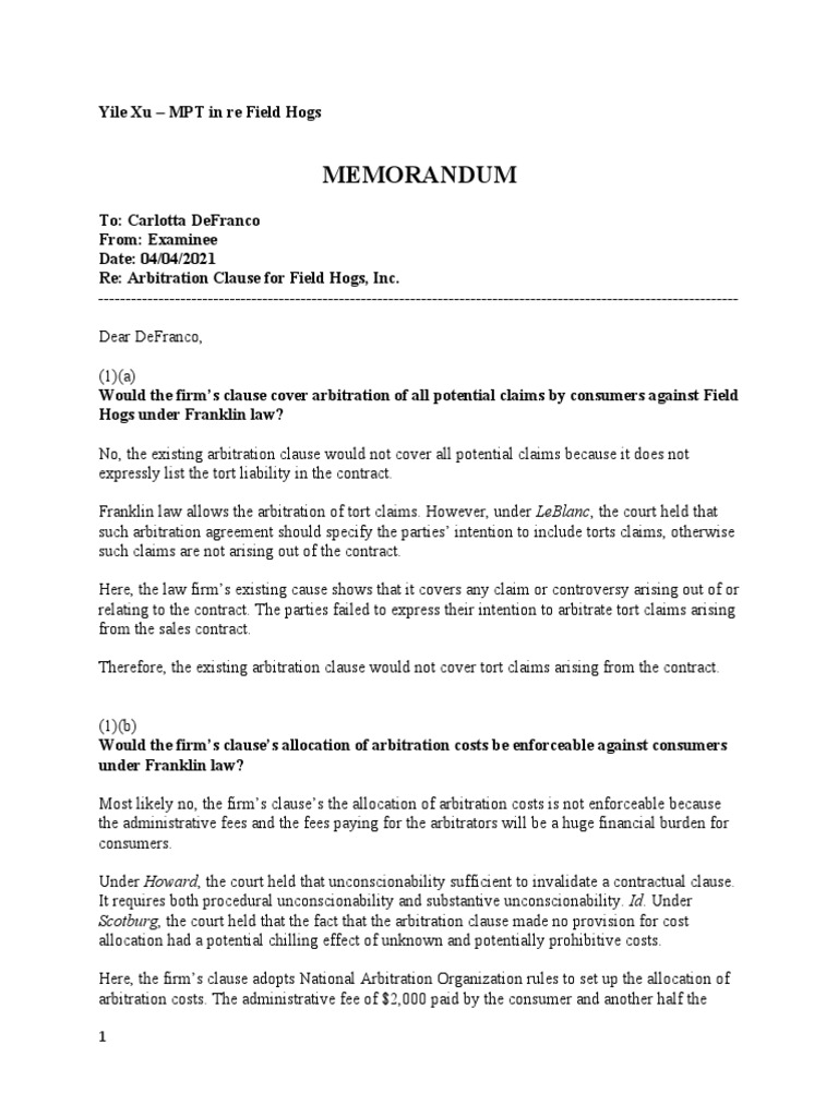 Yile Xu - MPT - in Re Field Hogs | PDF | Arbitration | Tort