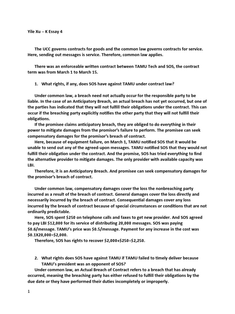 Yile Xu - K Essay 4 | PDF | Breach Of Contract | Damages