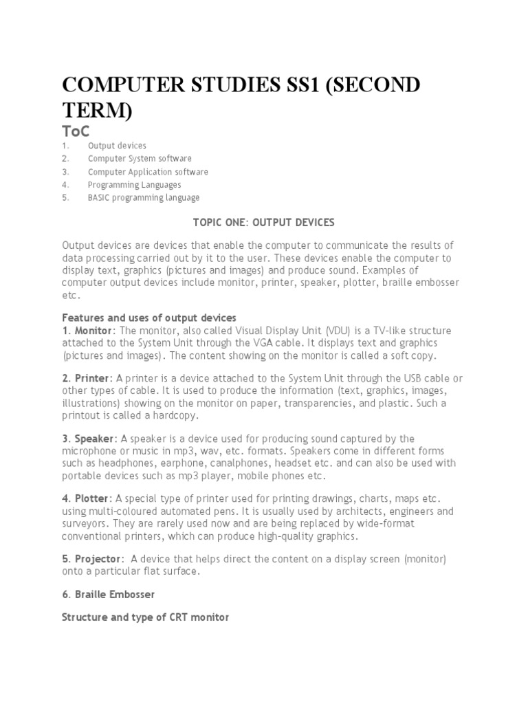 COMPUTER STUDIES SS1 Note | PDF | Printer (Computing) | Assembly Language