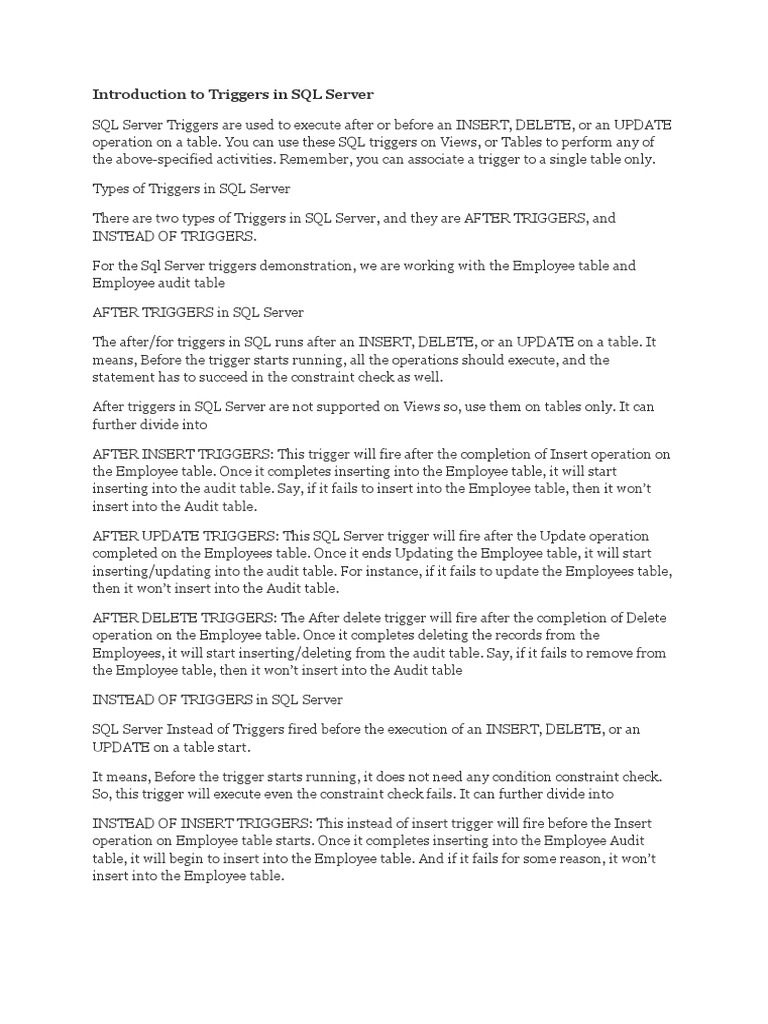 Introduction To Triggers in SQL Server | PDF | Data Management | Sql