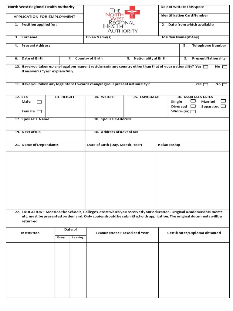 Application For Employment: North West Regional Health Authority | PDF ...