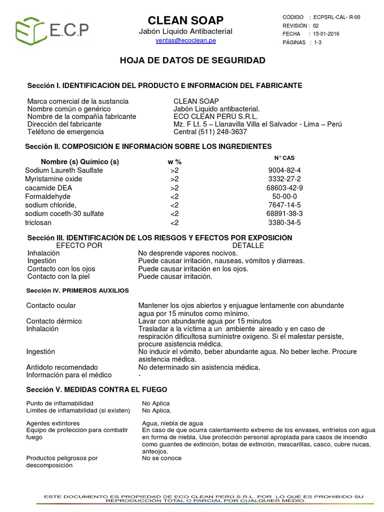 Clean Soap: Hoja de Datos de Seguridad | PDF | Agua | Química