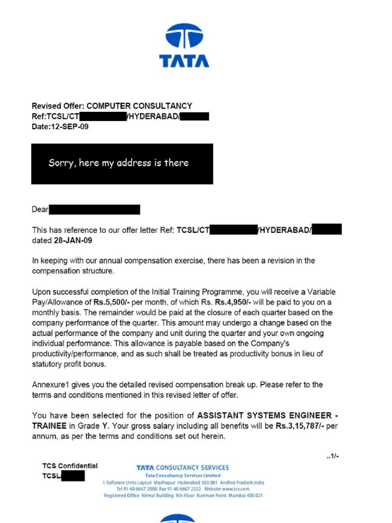 TCS - Revised Offer Letter | PDF