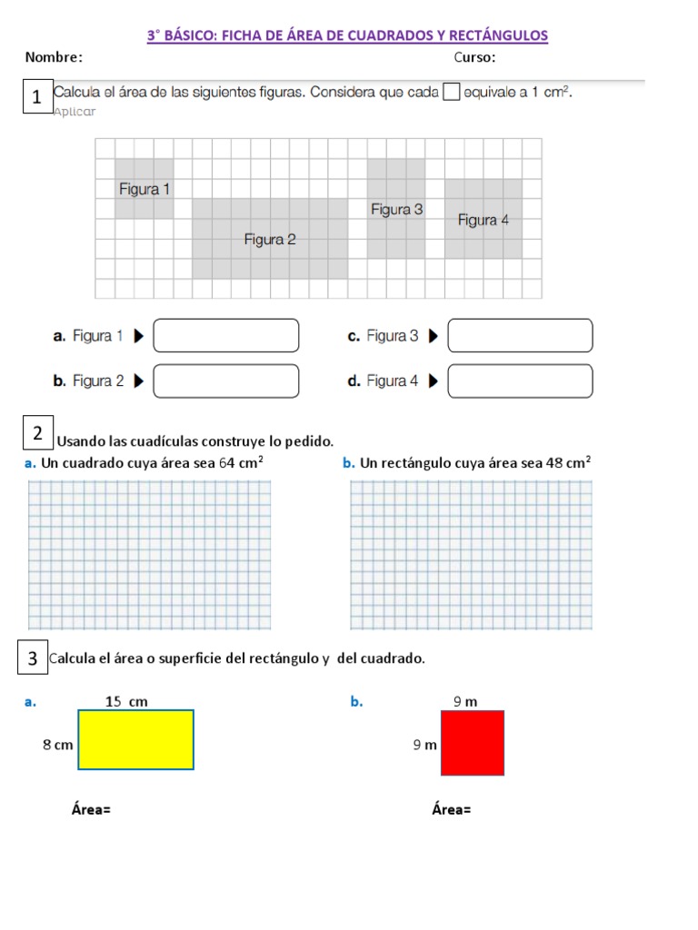 3° Ficha de Área de Cuadrados y Rectángulos | PDF
