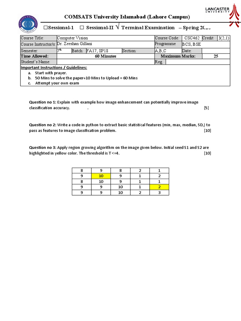 COMSATS University Islamabad (Lahore Campus) : Sessional-1 Sessional-II ...