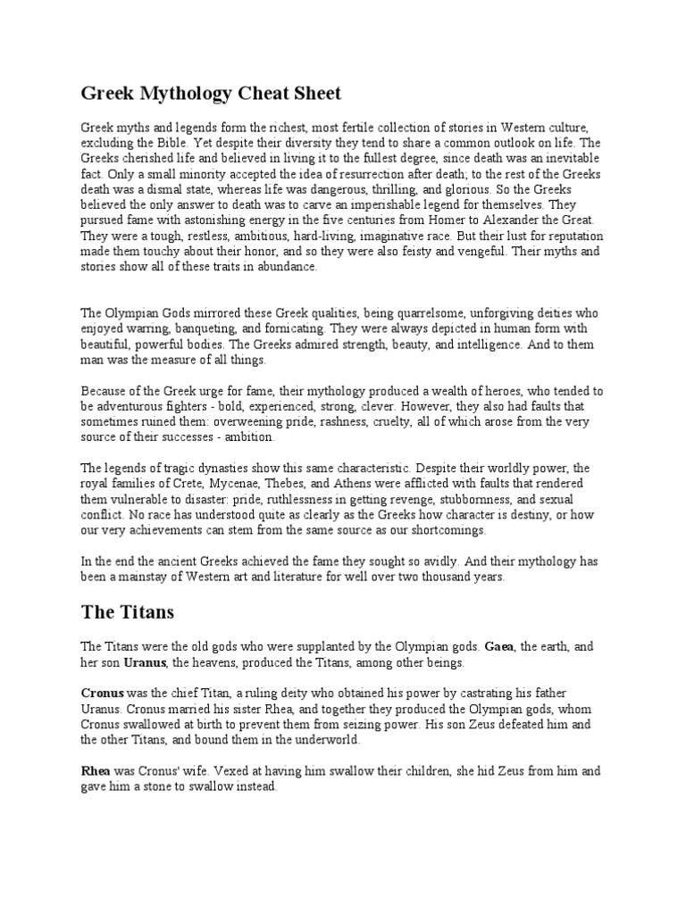 Greek Mythology Cheat Sheet | PDF | Zeus | Greek Mythology