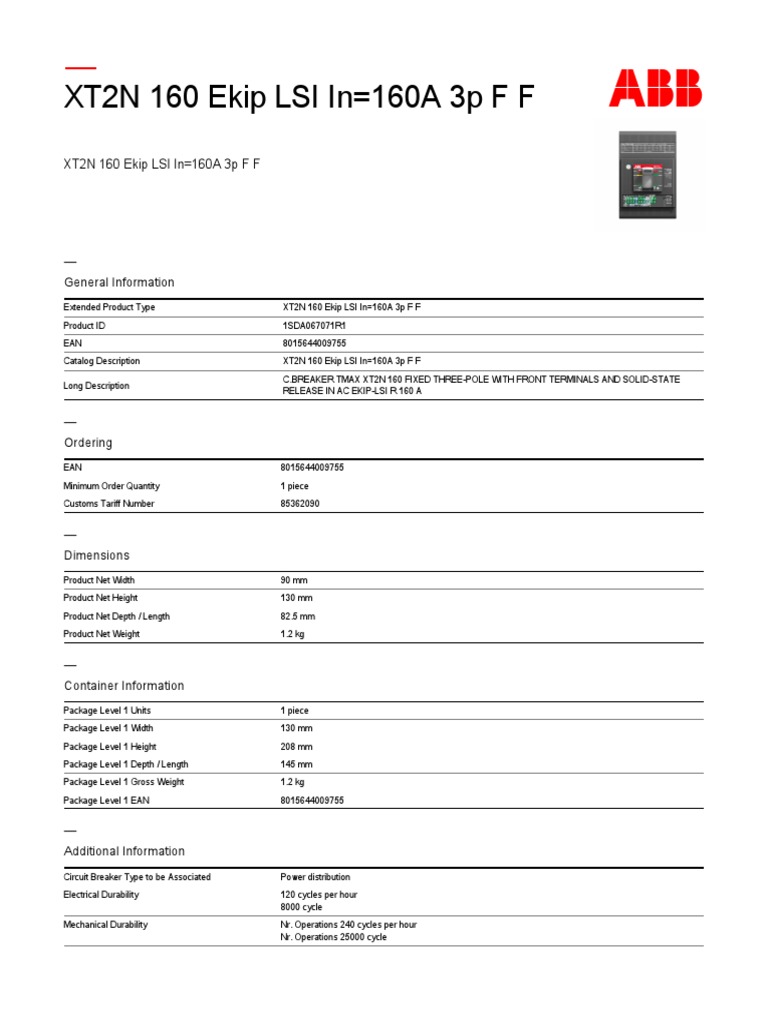 1SDA067071R1 xt2n 160 Ekip Lsi in 160a 3p F F | PDF | Components | Power (Physics)