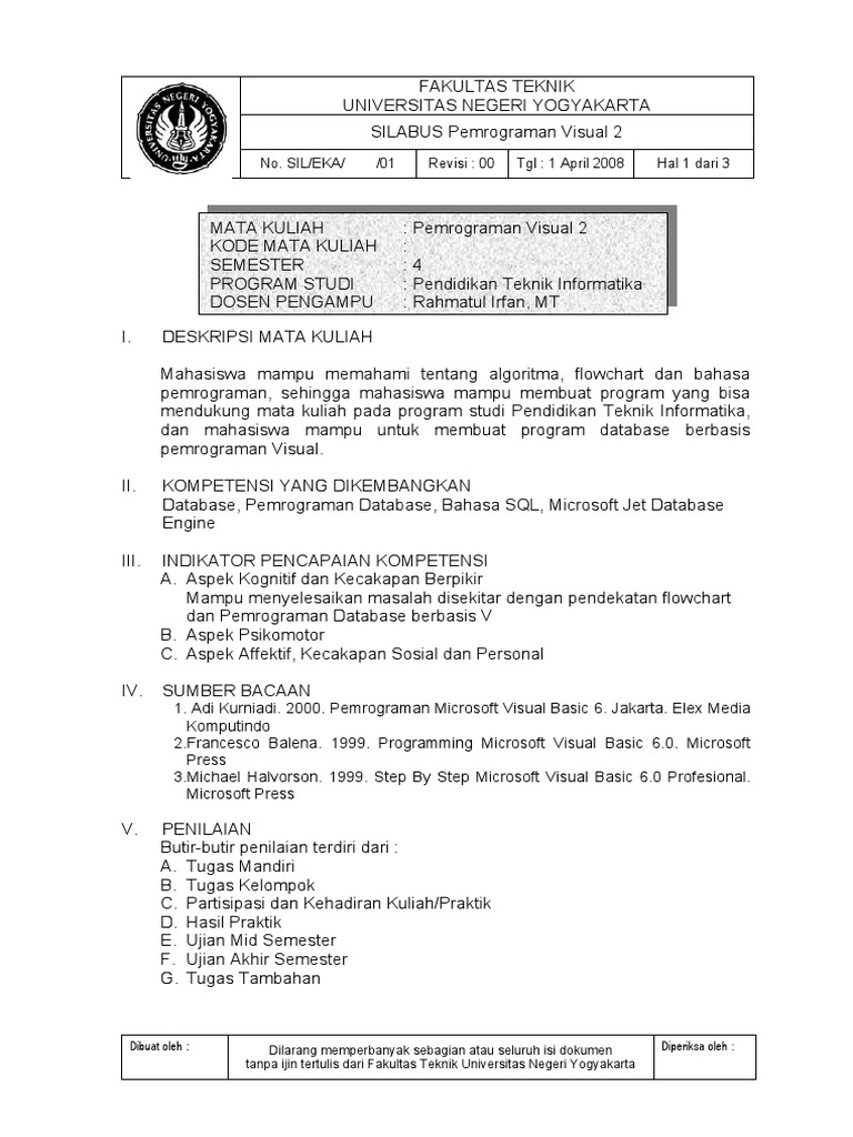 Silabus Pemrograman Visual 2 | PDF