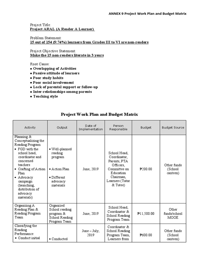 Project Work Plan and Budget Matrix | PDF | Tutor | Pedagogy