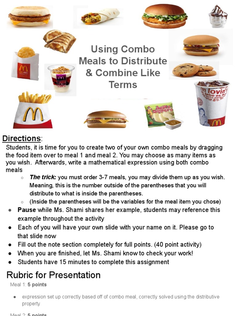 Combo Meals and Distributive Property | PDF | Hamburgers | Teaching ...