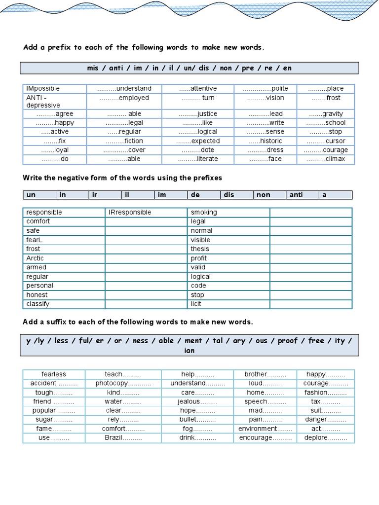 Prefixes and Suffixes Wordformation Grammar Drills Oneonone Activities ...